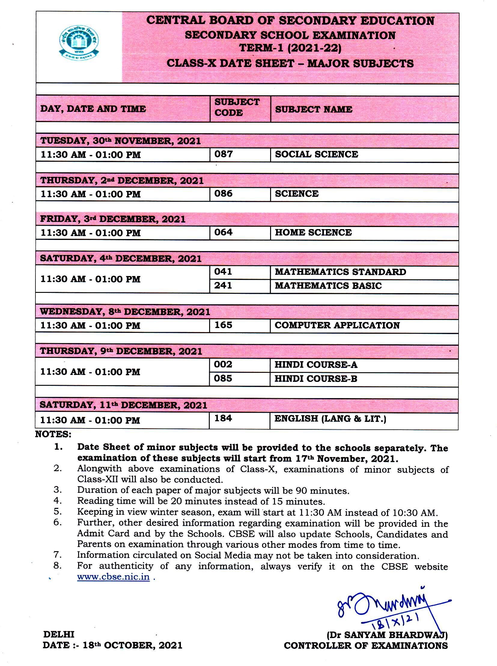 CBSE Term 1 Date Sheet 2021 22 PDF Class 10th 12th